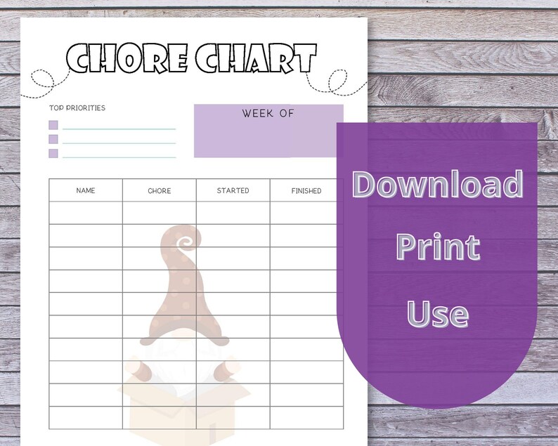 Printable Chore Chart | Gnomes Chore Chart | Organization | Instant ...