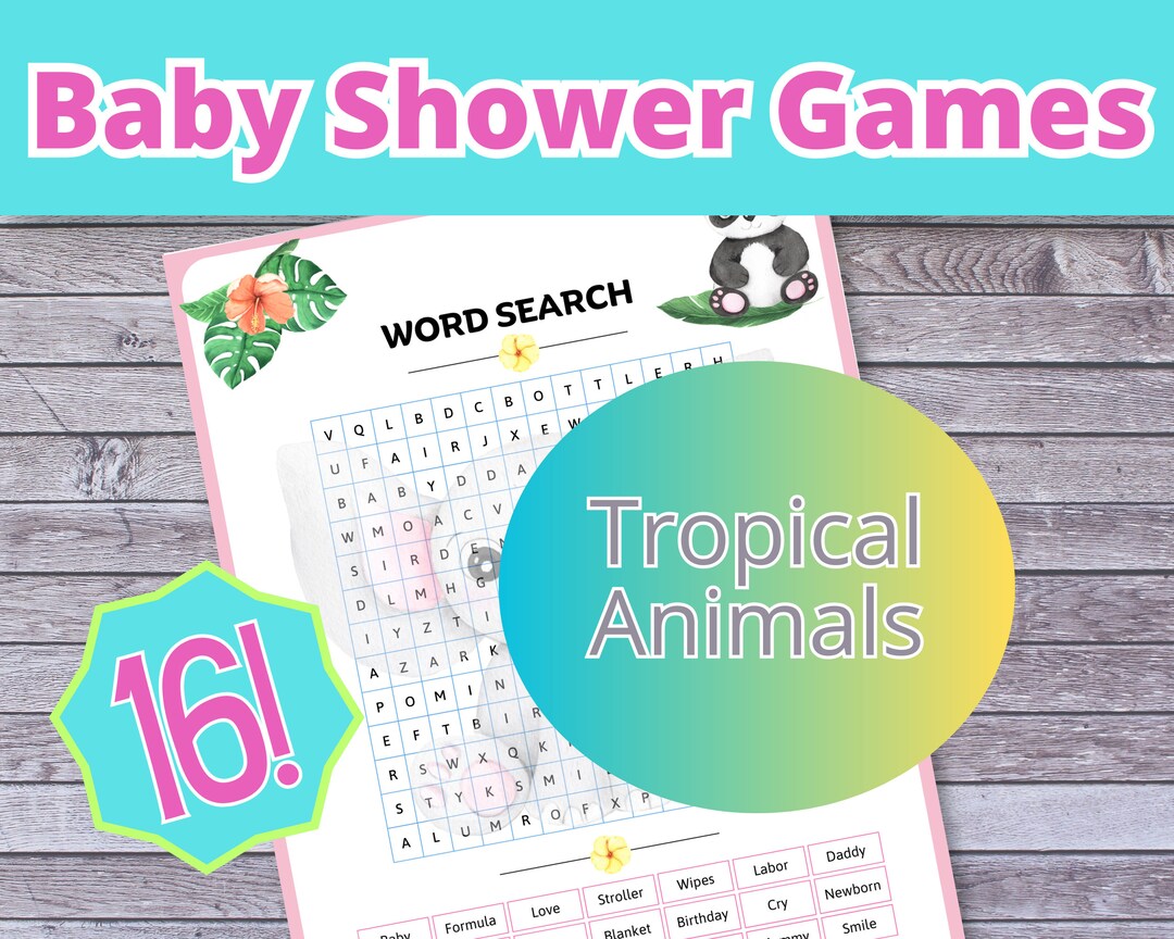 BABY SHOWER GAMES | Tropical Animals | Printable | Word Search | Baby ...