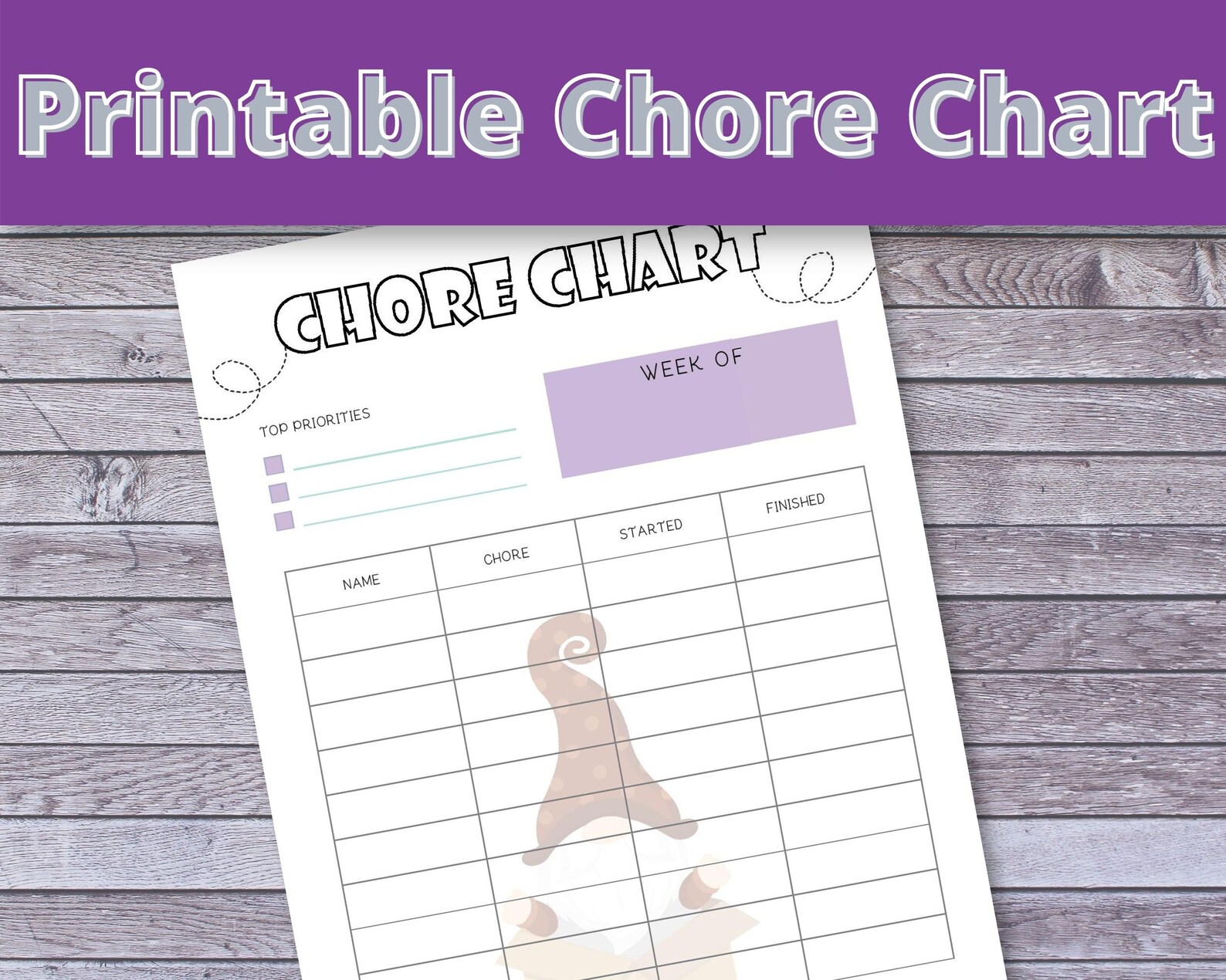 Printable Chore Chart Gnomes Chore Chart Organization Instant Download ...