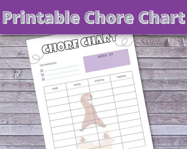 Printable Chore Chart | Gnomes Chore Chart | Organization | Instant ...