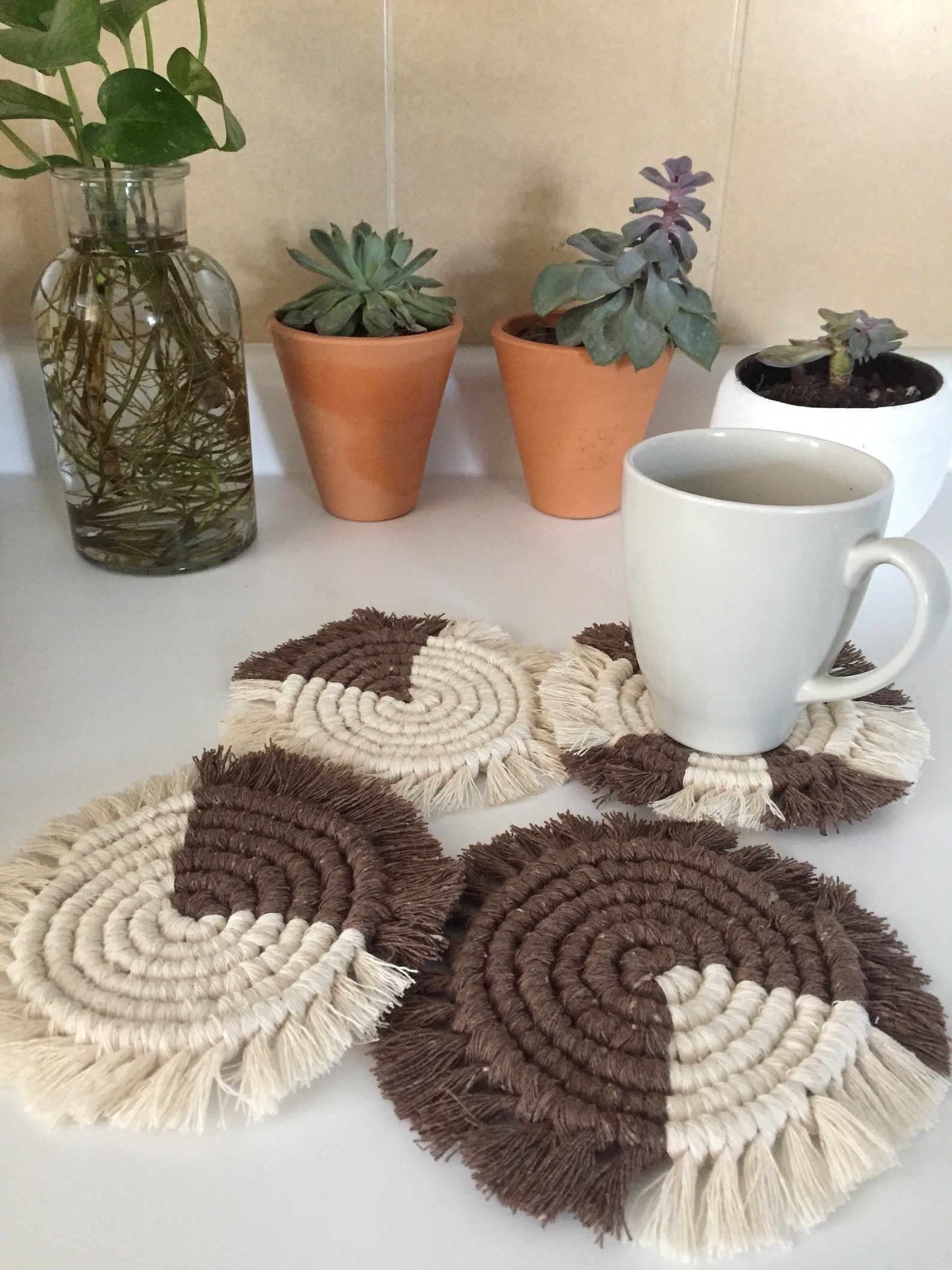 4 Macramé cup holder coasters cup holder VARIOUS COLORS set | Etsy