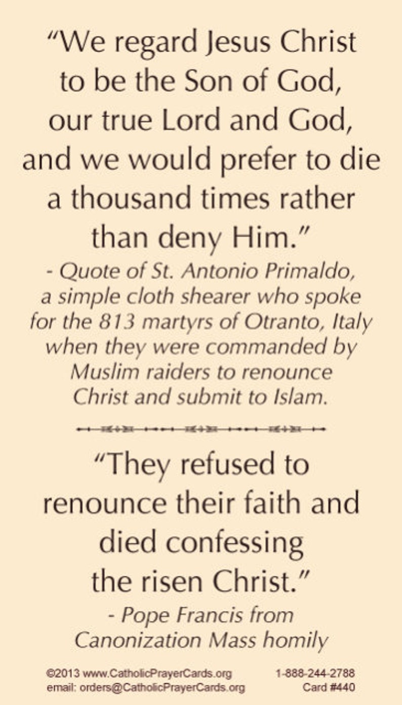 813 Martyrs of Otranto Prayer Card Saints Antonio Primaldo & | Etsy