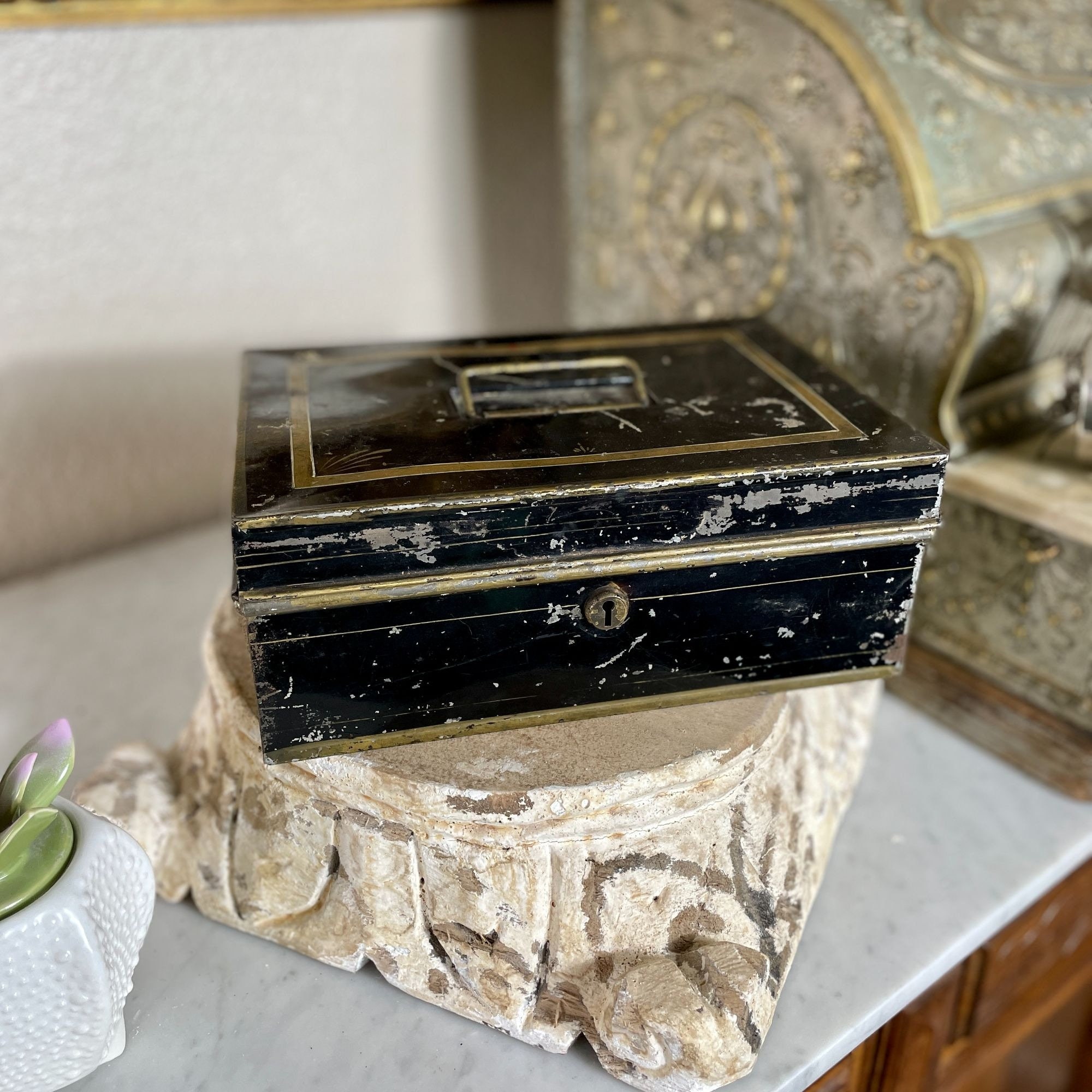 Antique Black & Gold Cash Box Lock Box Metal Money Storage Box Painted ...