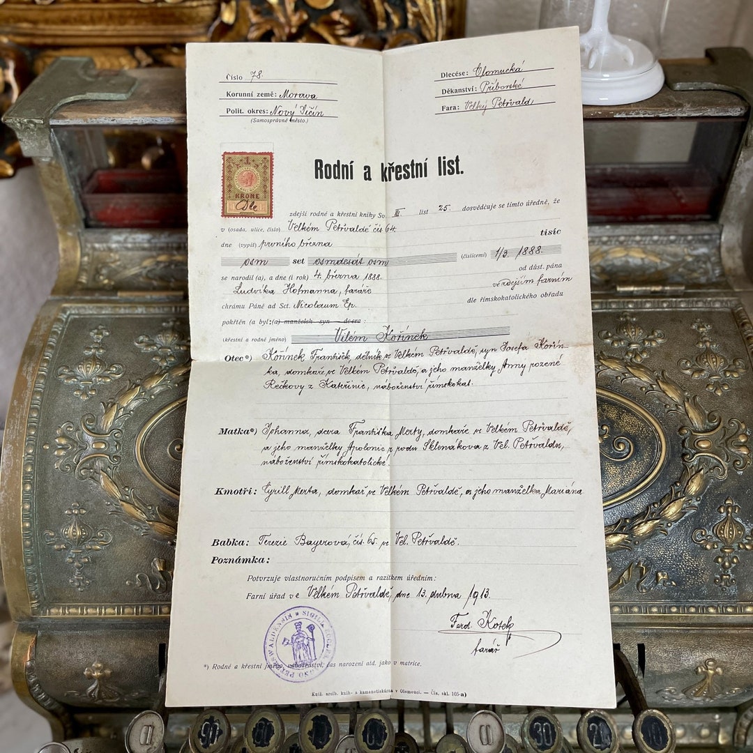 Antique Rodni a Krestni List Birth Certificate & Baptismal Certificate ...