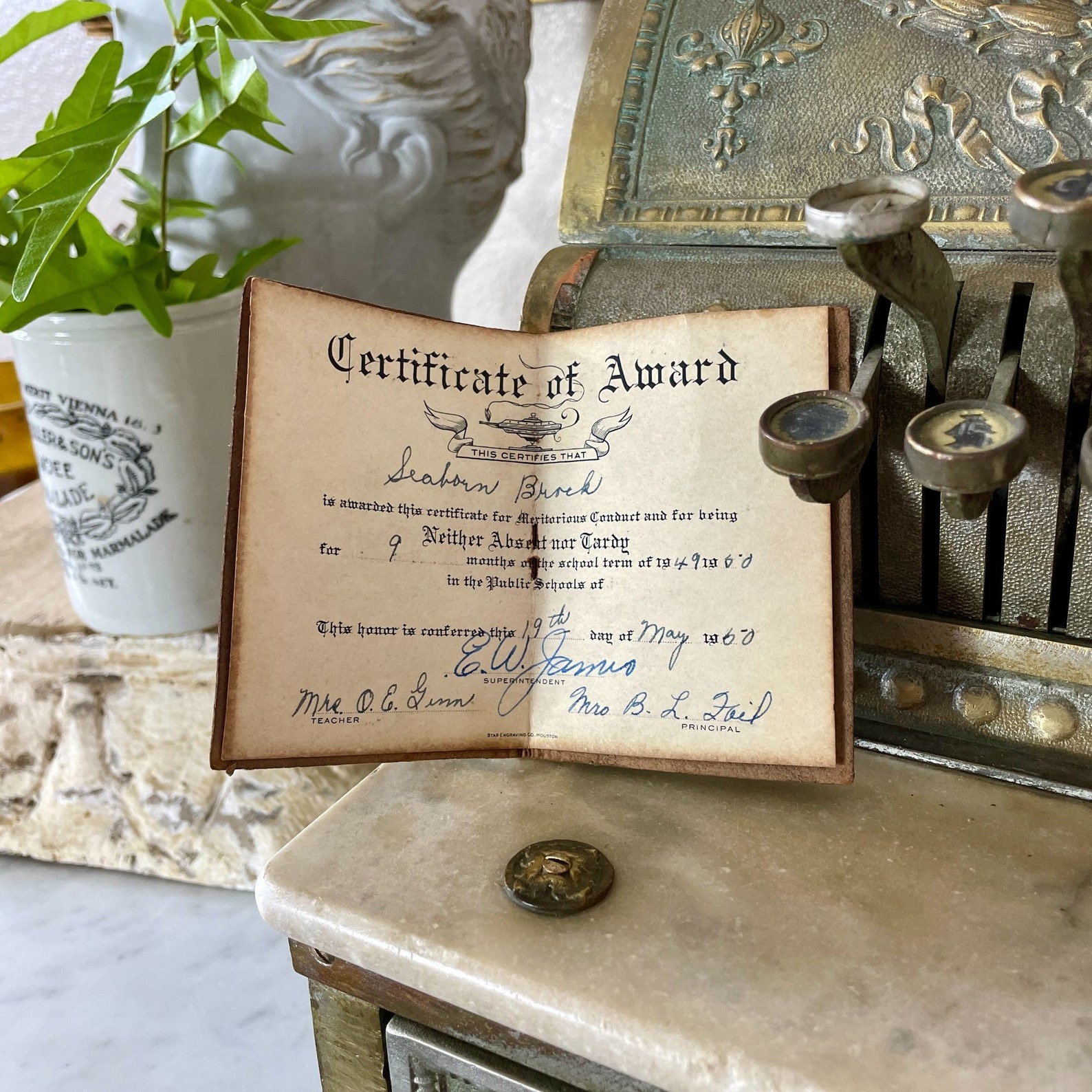 Vintage 1950 Certificate of Award Perfect Attendance Tardy or Absent ...