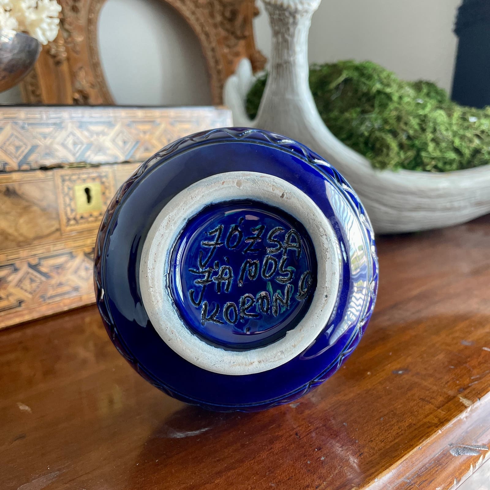 Vintage Flower Cobalt Blue Black Ceramic Pitcher or Vase Józsa János ...