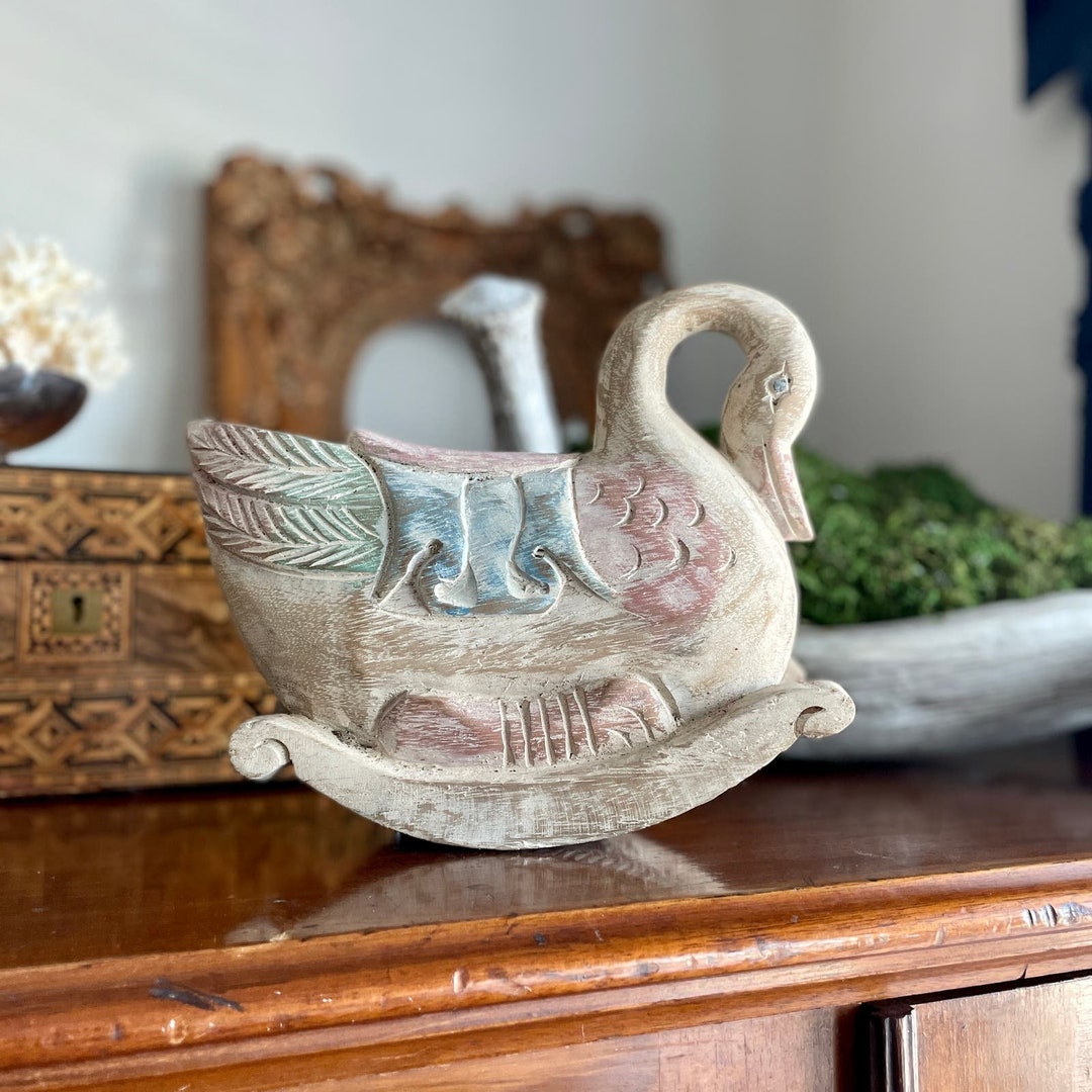 Vintage Carved Wood Rocking Swan Wooden Soft Colors Watercolor Rocker ...