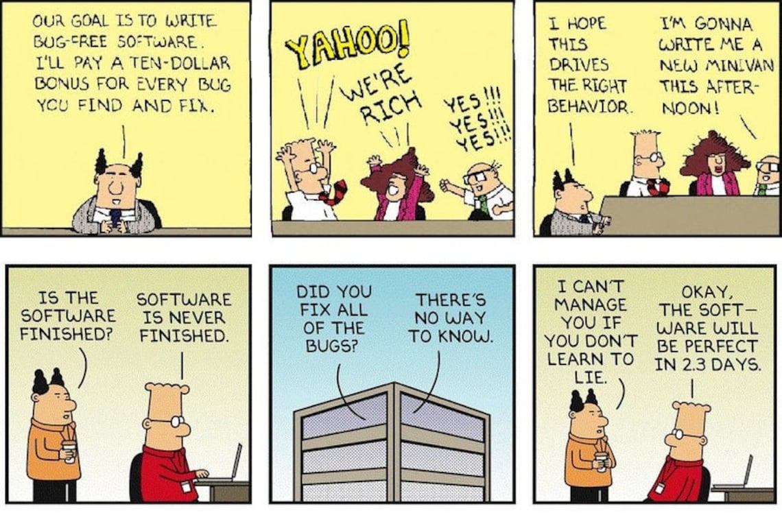 Bande dessinée Dilbert Good Behavior & Software Bug Metrics White Mug ...