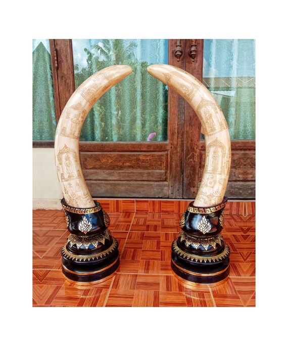 A Pair of Faux Ivory Elephant Resin With Buddha Art Carving - Etsy
