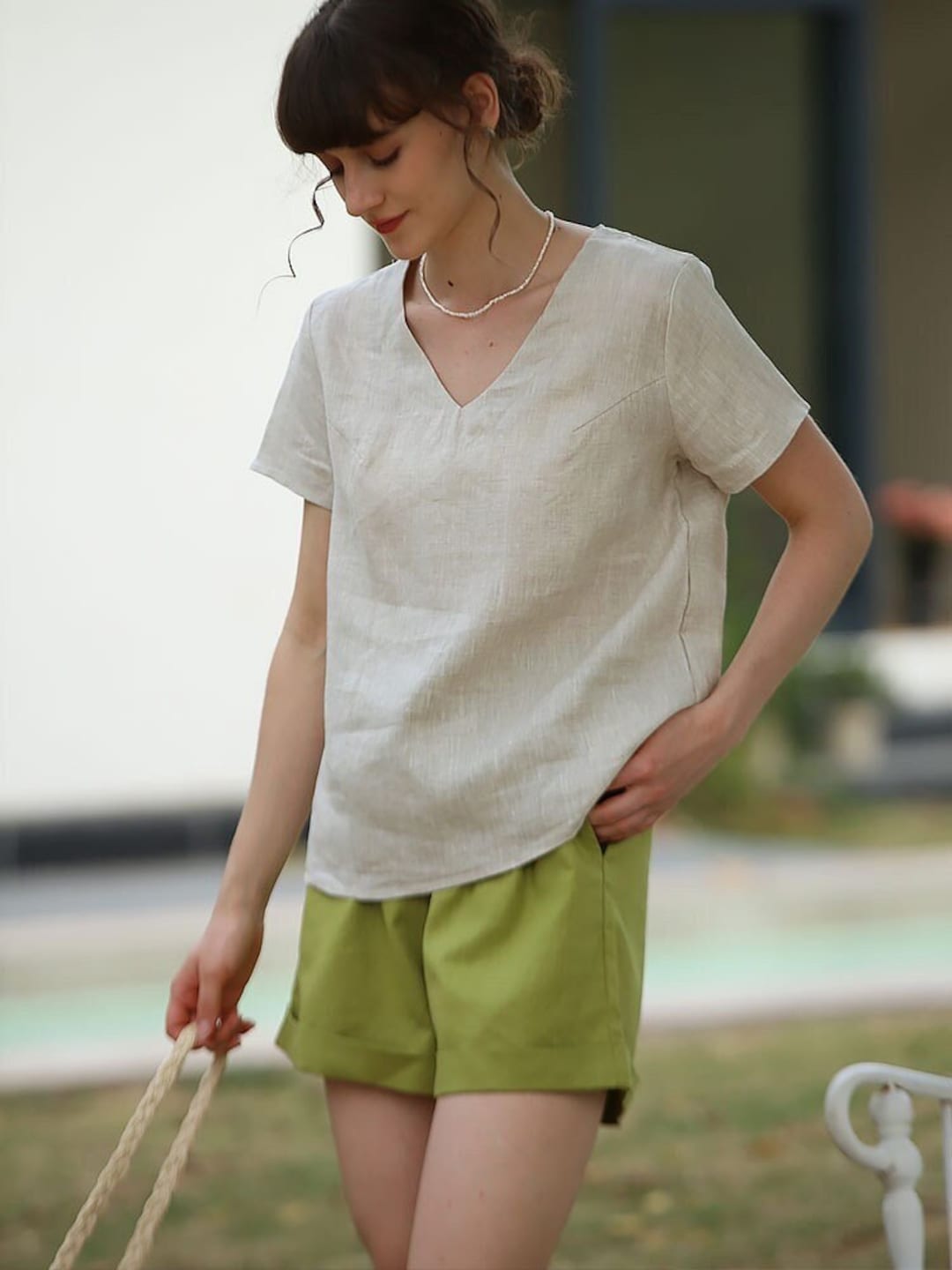 V-neck Linen Tee With Short Sleeves, Linen Top for Summer, Summer Linen ...