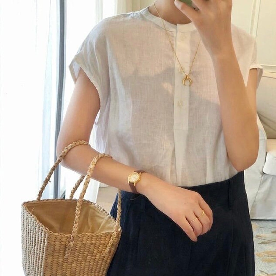 Minimalist Linen Shirt With Buttons, Short Sleeves Linen Blouse, Button ...