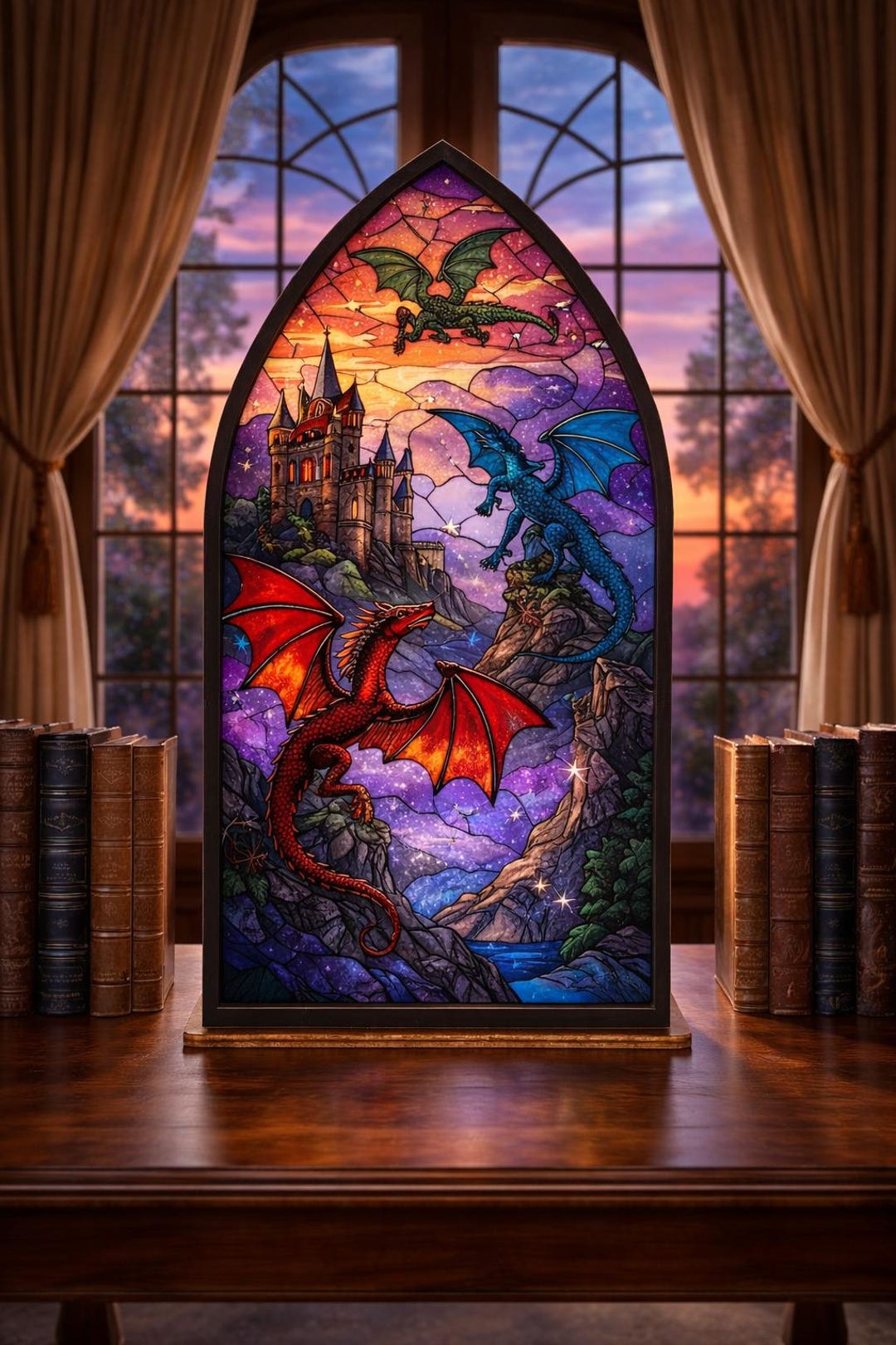 Fantasy Dragon Book Nook, Gothic Arch Dragon Library Panel, Dragons ...