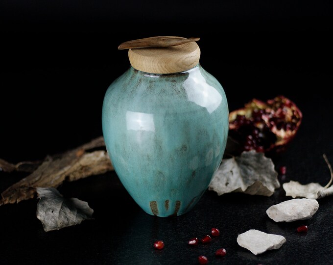 Opalic Blue Glazed Shiny Ceramic Urn Misty Water for Human or Pet Ashes ...