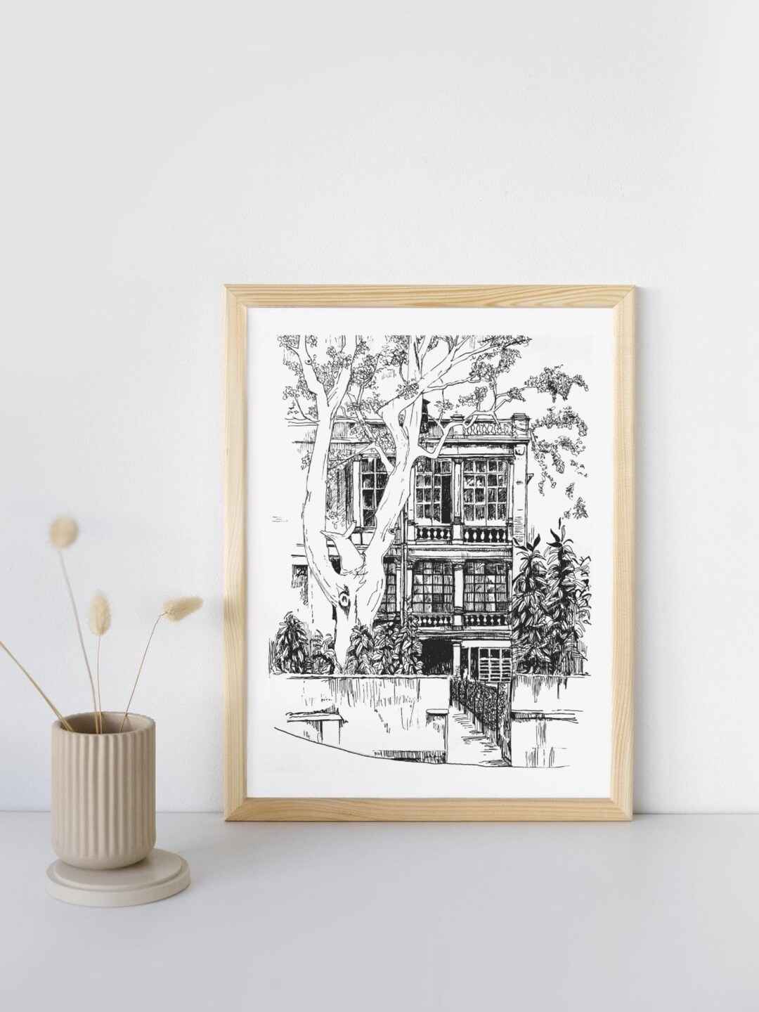Row House & Tree Art Print | Urban Line Drawing Printable Art - Etsy