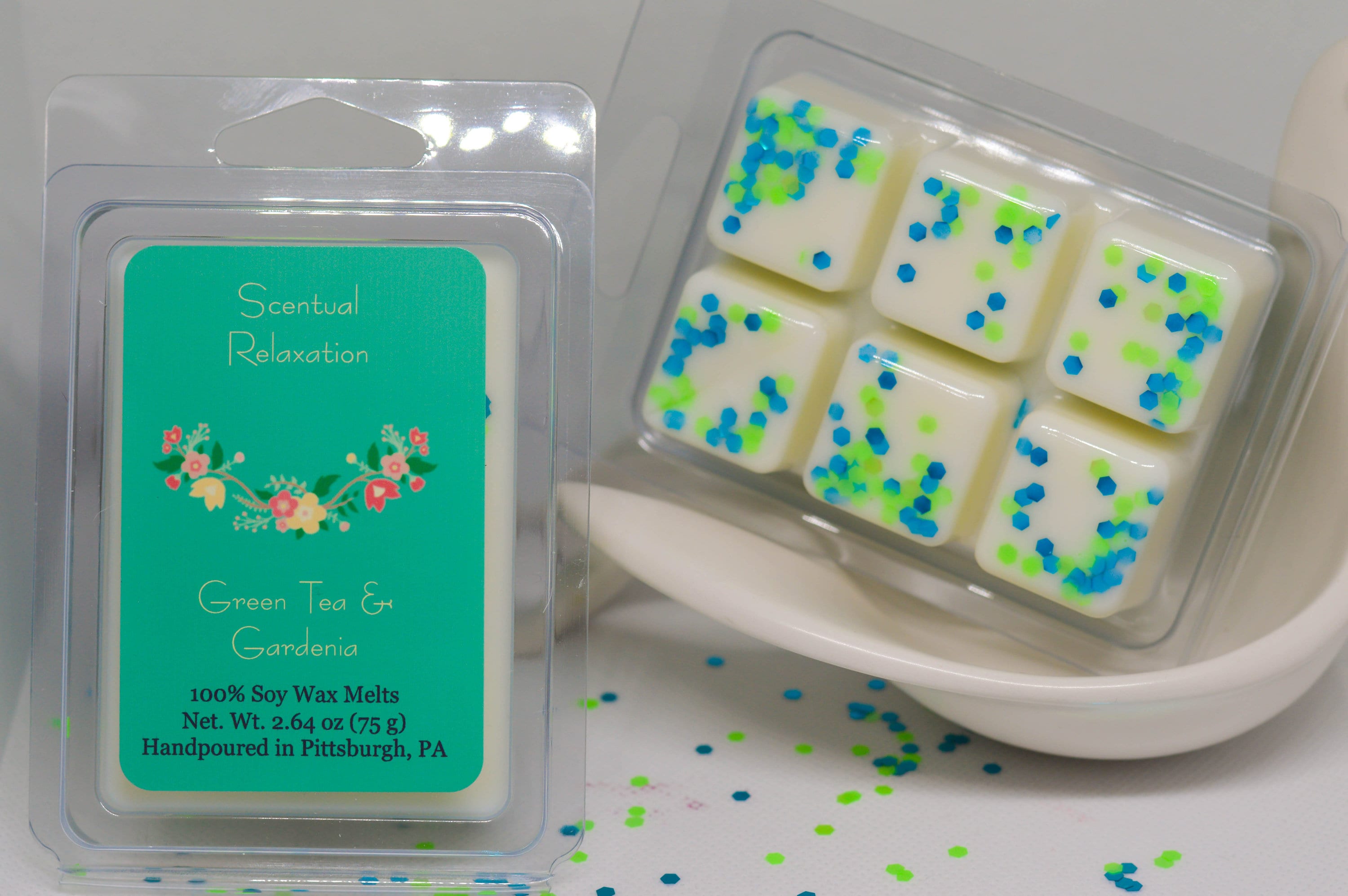 Gardenia &Green Tea Wax Melts Blanco con brillo verde azul Soja vertida ...