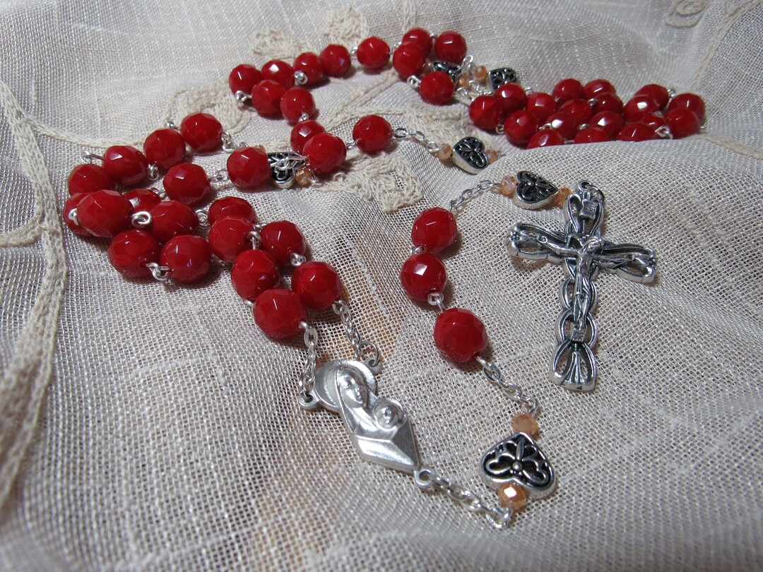 Rosary in Opaque Red Ruby With Silver Colored Hearts - Etsy