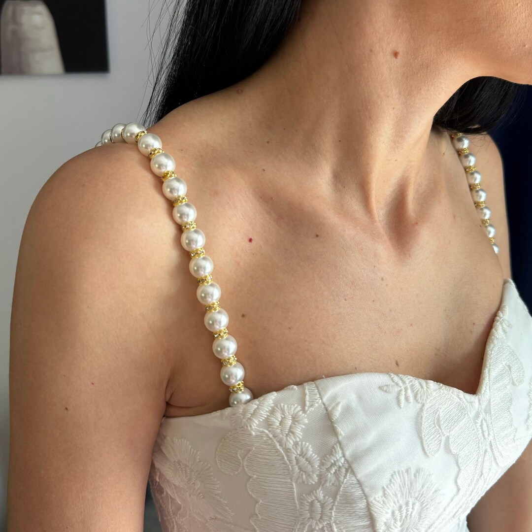 Pearls Dress Straps With Gold Diamante Rhinestones, One Pair Attachable Shoulder Jewellery ...