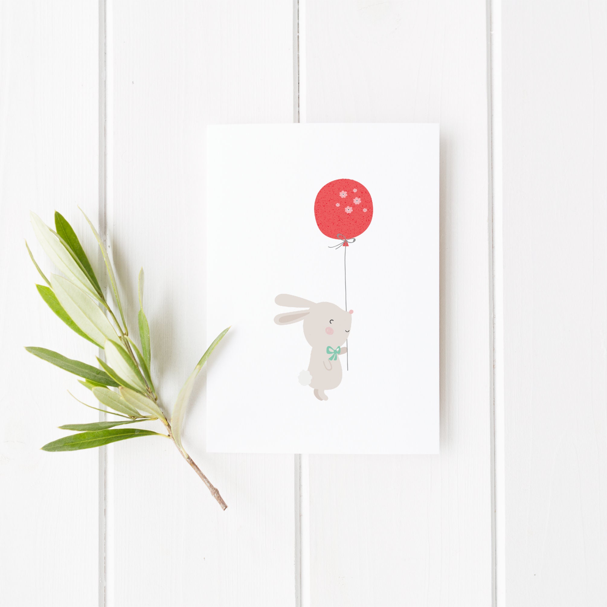 Bunny With Red Balloon Card - Card for Easter + Fun Card + Digital ...