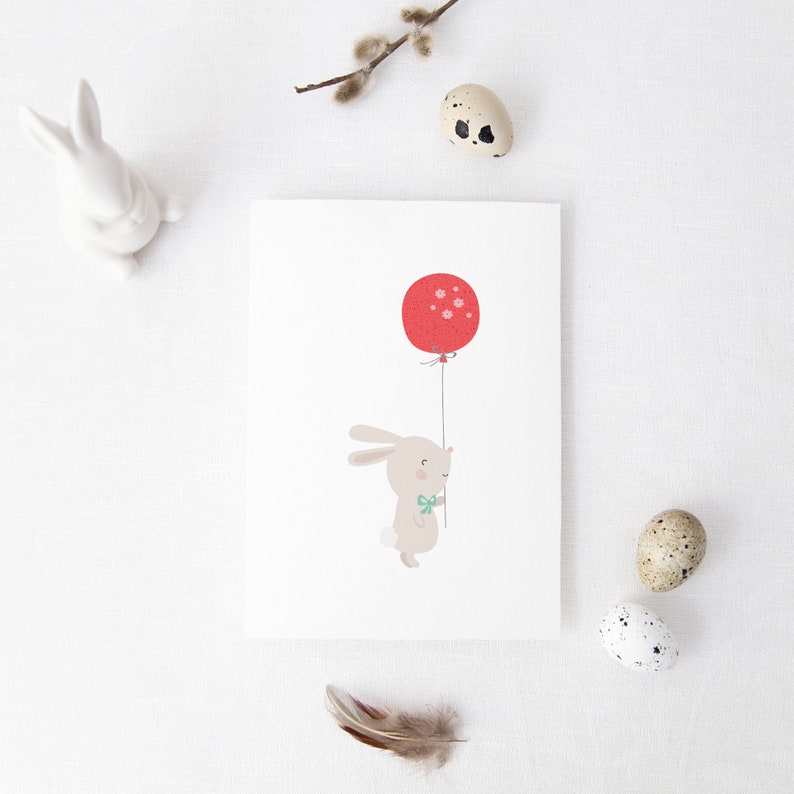 Bunny With Red Balloon Card - Card for Easter + Fun Card + Digital ...