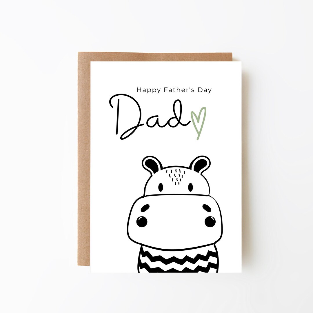 Black & White Hippo Fathers Day Card + Monochrome Card + Digital Option ...