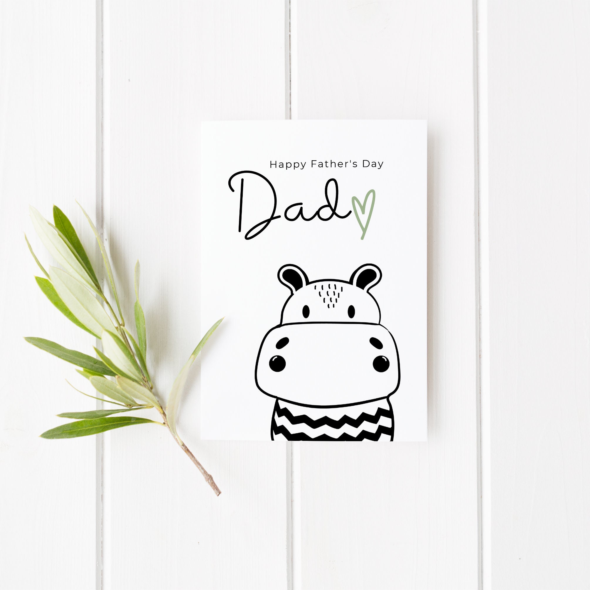 Black & White Hippo Fathers Day Card Monochrome Card Digital Option ...