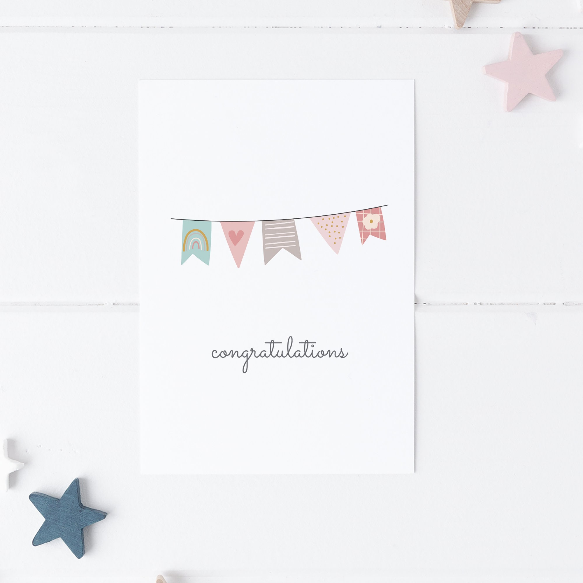 Congratulations Baby Girl Pink Bunting Card - Card for Girls + Digital ...