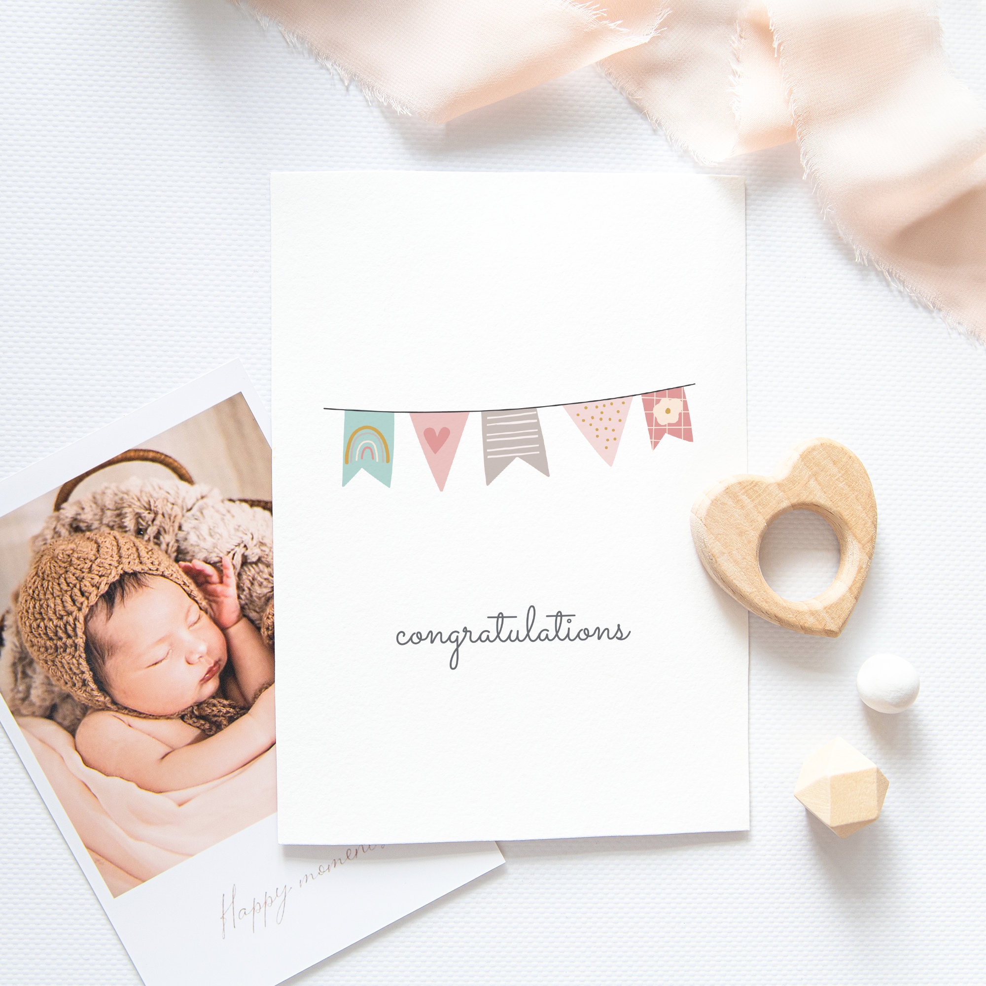 Congratulations Baby Girl Pink Bunting Card - Card for Girls + Digital ...