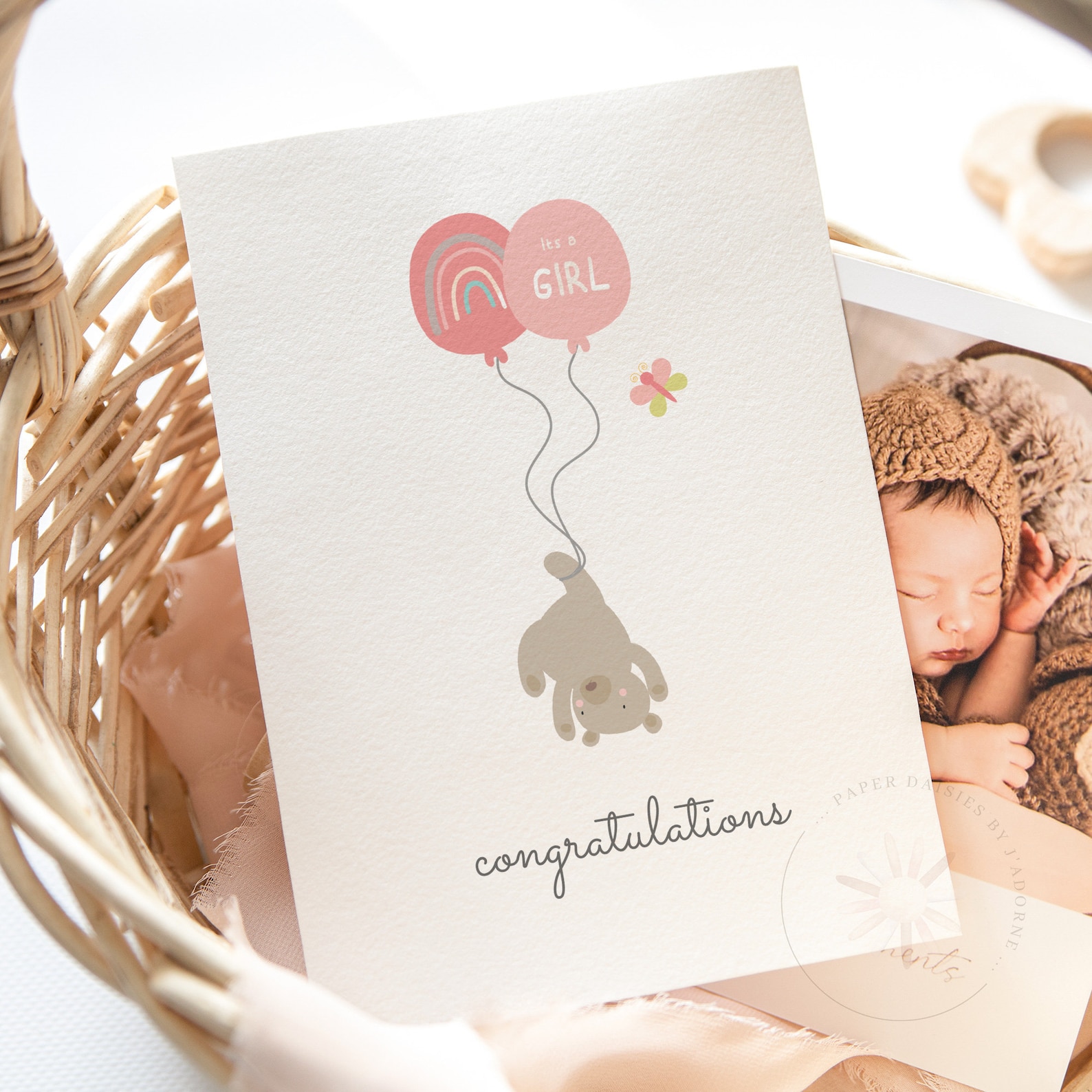 Congratulations Baby Girl Card - Teddy Bear Balloons Card + Card for ...