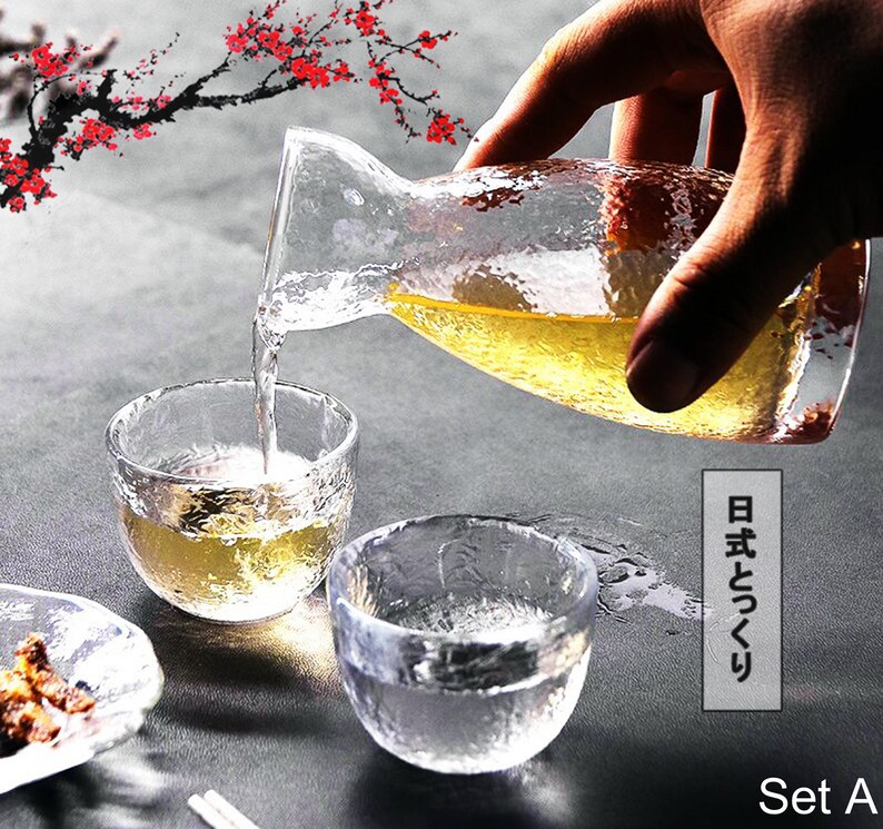 Oriental Japanese Style Glass Sake Set Flask and Drinking - Etsy