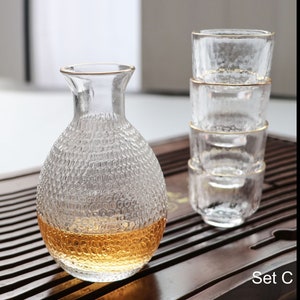 Oriental Japanese Style Glass Sake Set Flask and Drinking Glasses Cups ...