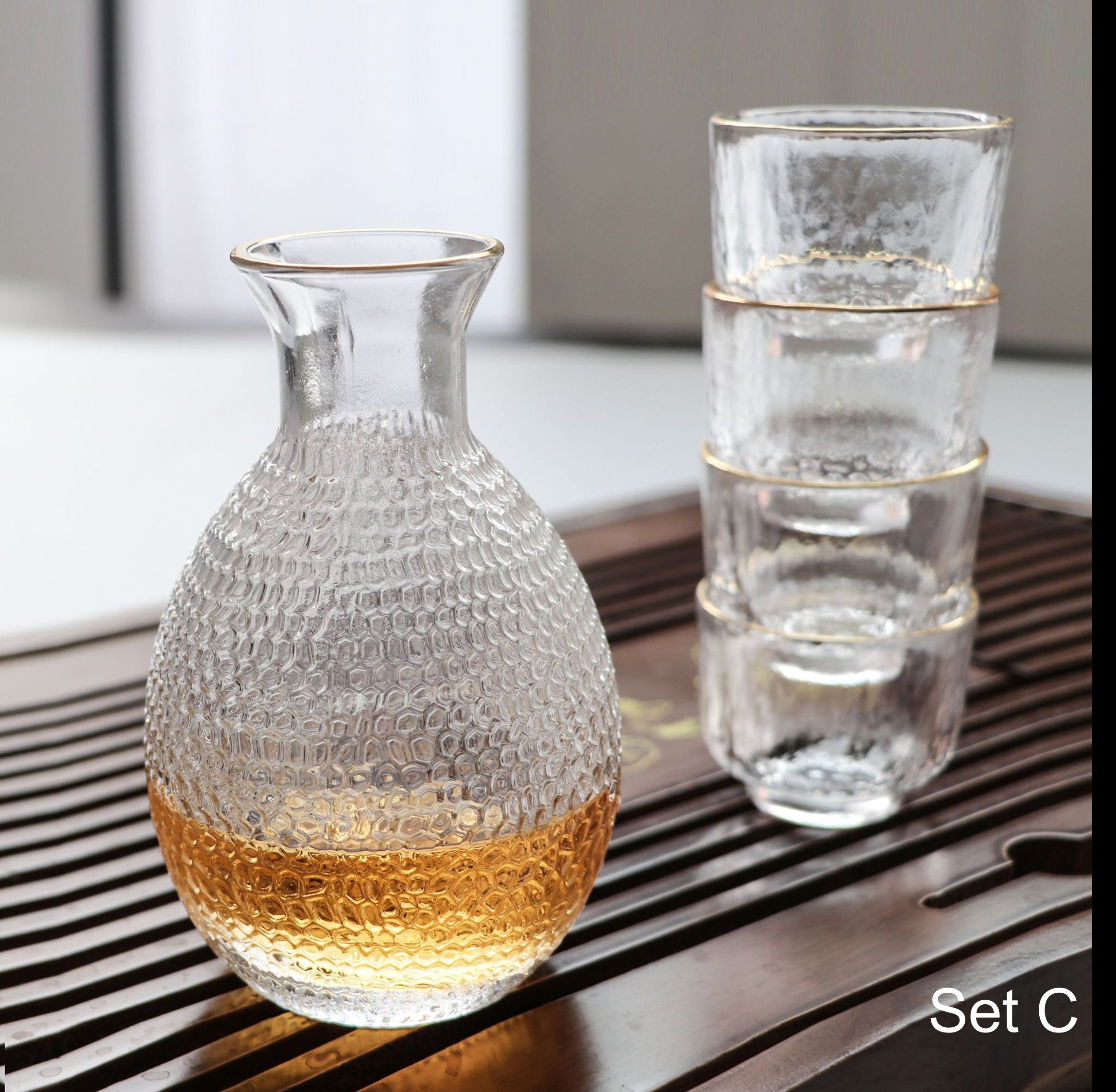 Oriental Japanese Style Glass Sake Set Flask and Drinking - Etsy