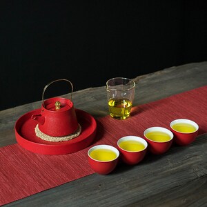 Handmade Oriental Red Ceramic Tea Set Teapot Tea Cups Serving Tray ...