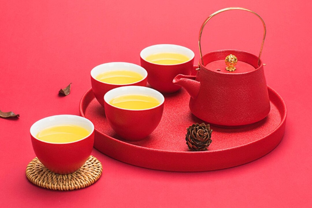 Handmade Oriental Red Ceramic Tea Set Teapot Tea Cups Serving Tray ...