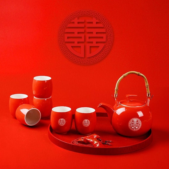 Oriental Double Happiness Wedding Ceramic Tea Set With Bamboo - Etsy