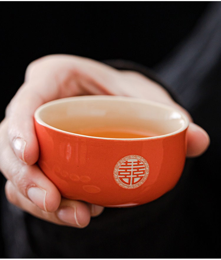 Double Happiness Persimmon Wedding Ceramic Modern Tea Set | Etsy