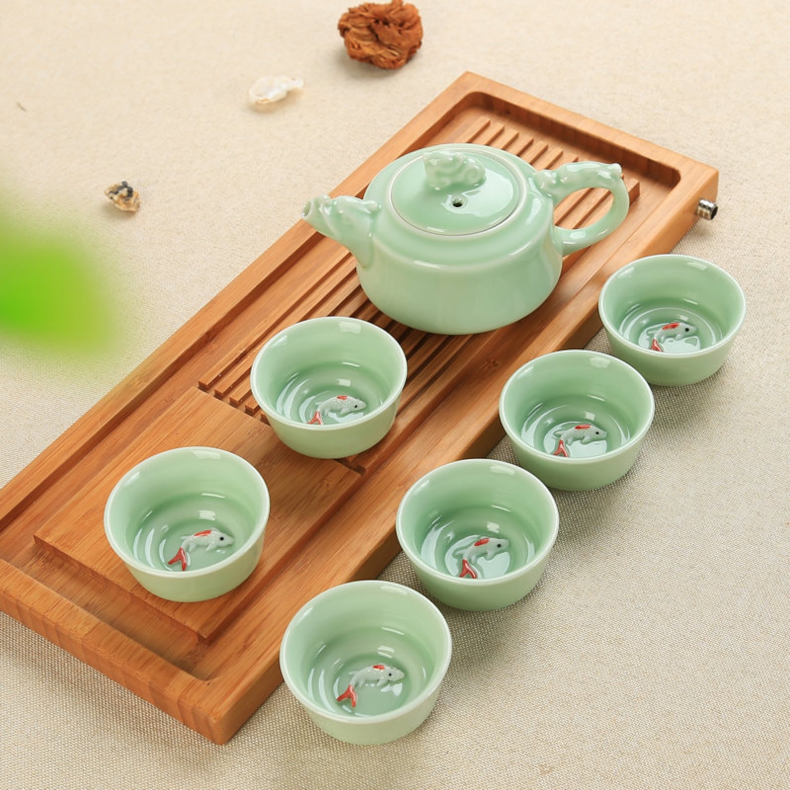 Handmade Oriental Koi Fish Design Light Green Ceramic Tea Set | Etsy