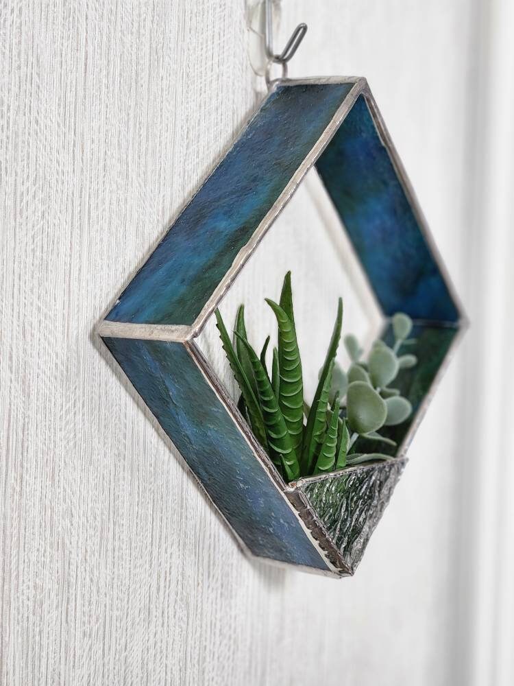 Handmade Blue Stained Glass Shadow Box Floral Wall Planter With Faux ...