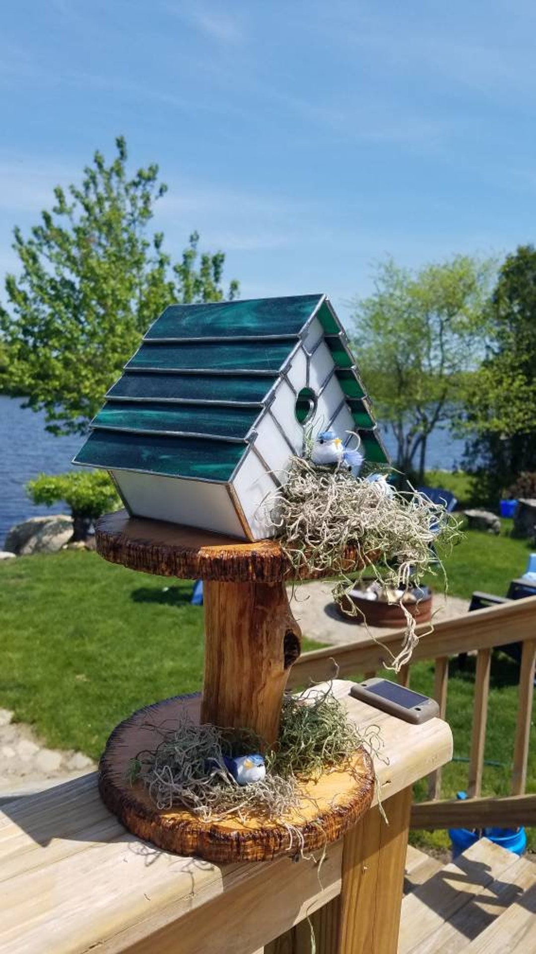 Beautiful Handmade White and Blue Stained Glass Bird House With Stand ...