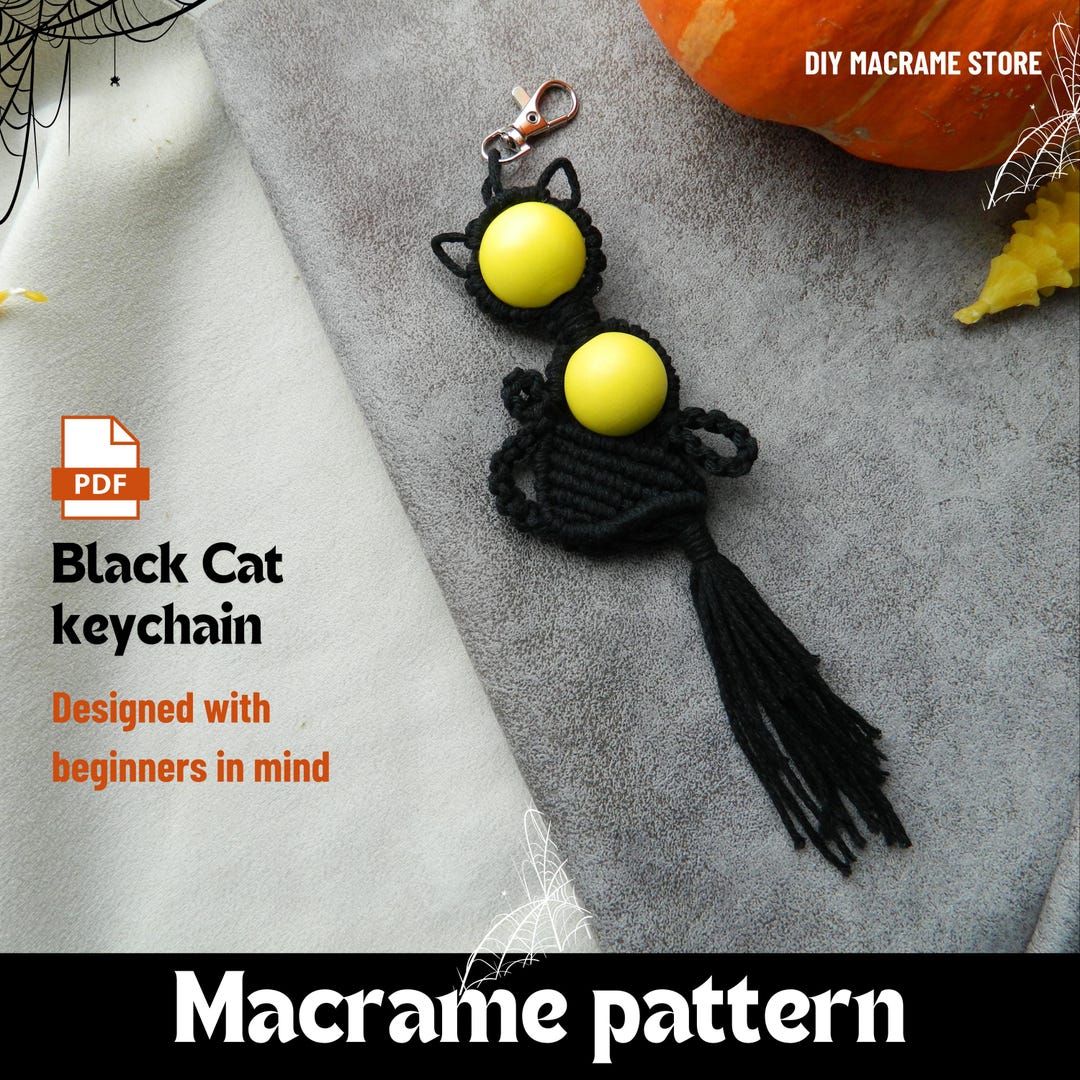 Macrame Keychain Pattern, Black Cat Key Ring Tutorial PDF, DIY ...