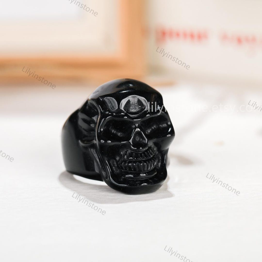 Natural Gemstone Carved Skull Rings, Black Agate Skull Jewelry, Skull ...