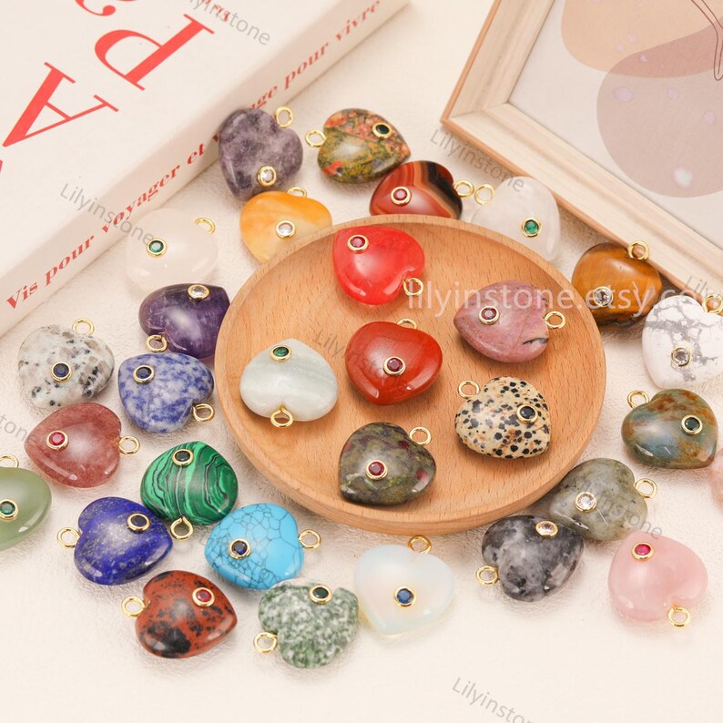 30mm Crystal Gemstone Heart With Inlaid Zircon Charms, Quartz Heart ...