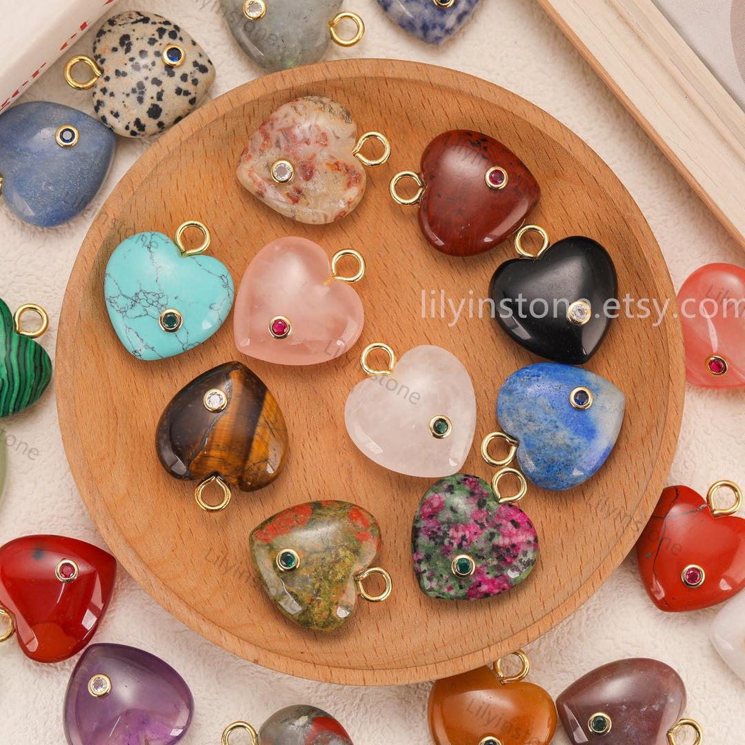 25mm Gemstone Heart With Inlaid Zircon Charms, Stone Heart, Crystal ...
