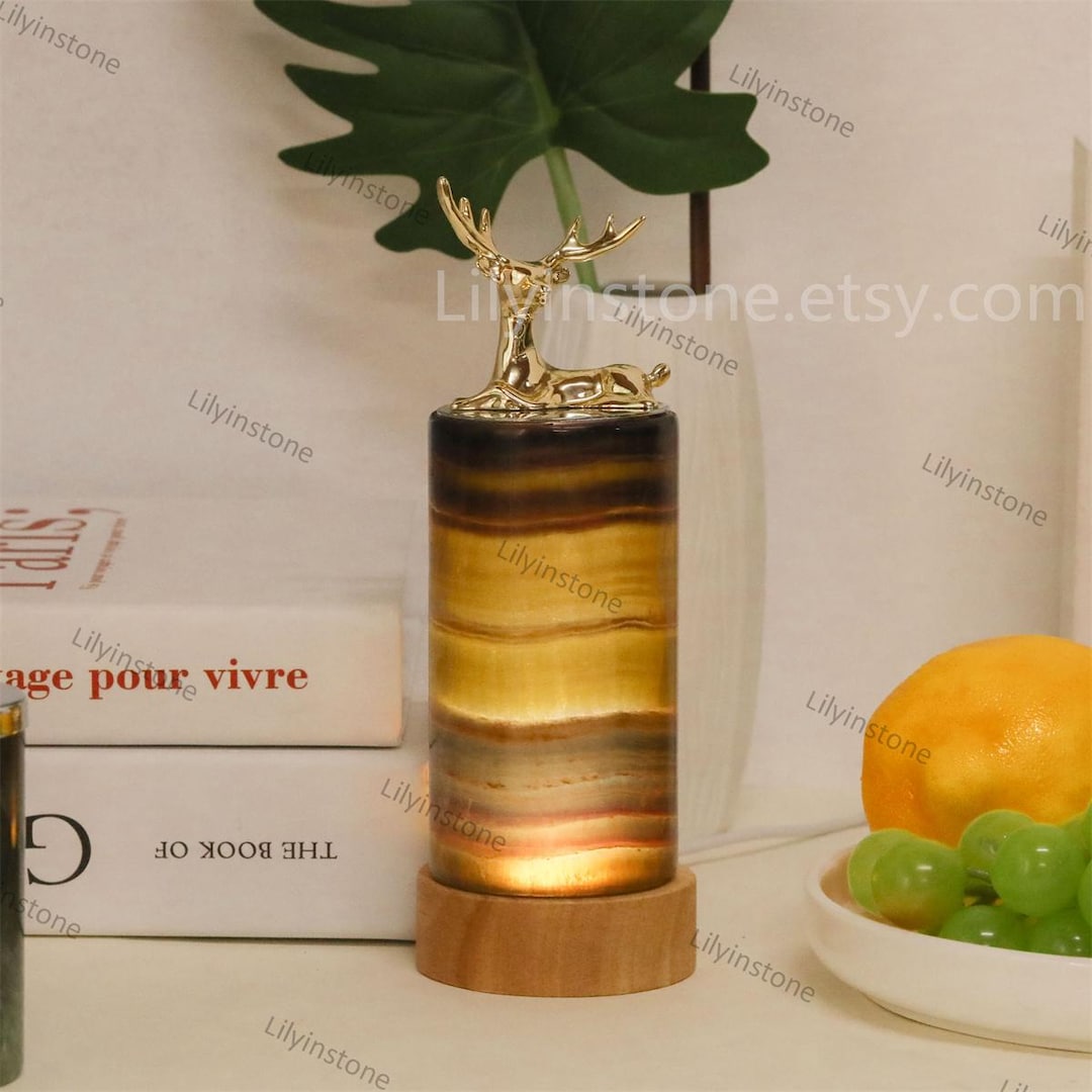 Fluorite With Deer Craft Lamp Decor, Rainbow Lamp, Home Decor, Quartz ...