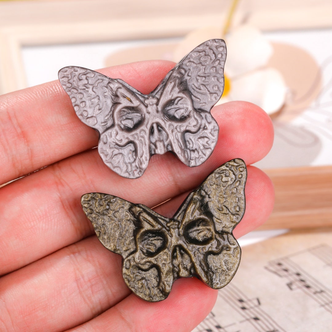 Natural Obsidian Butterfly Figurine, Silver Obsidian Skull Decor ...