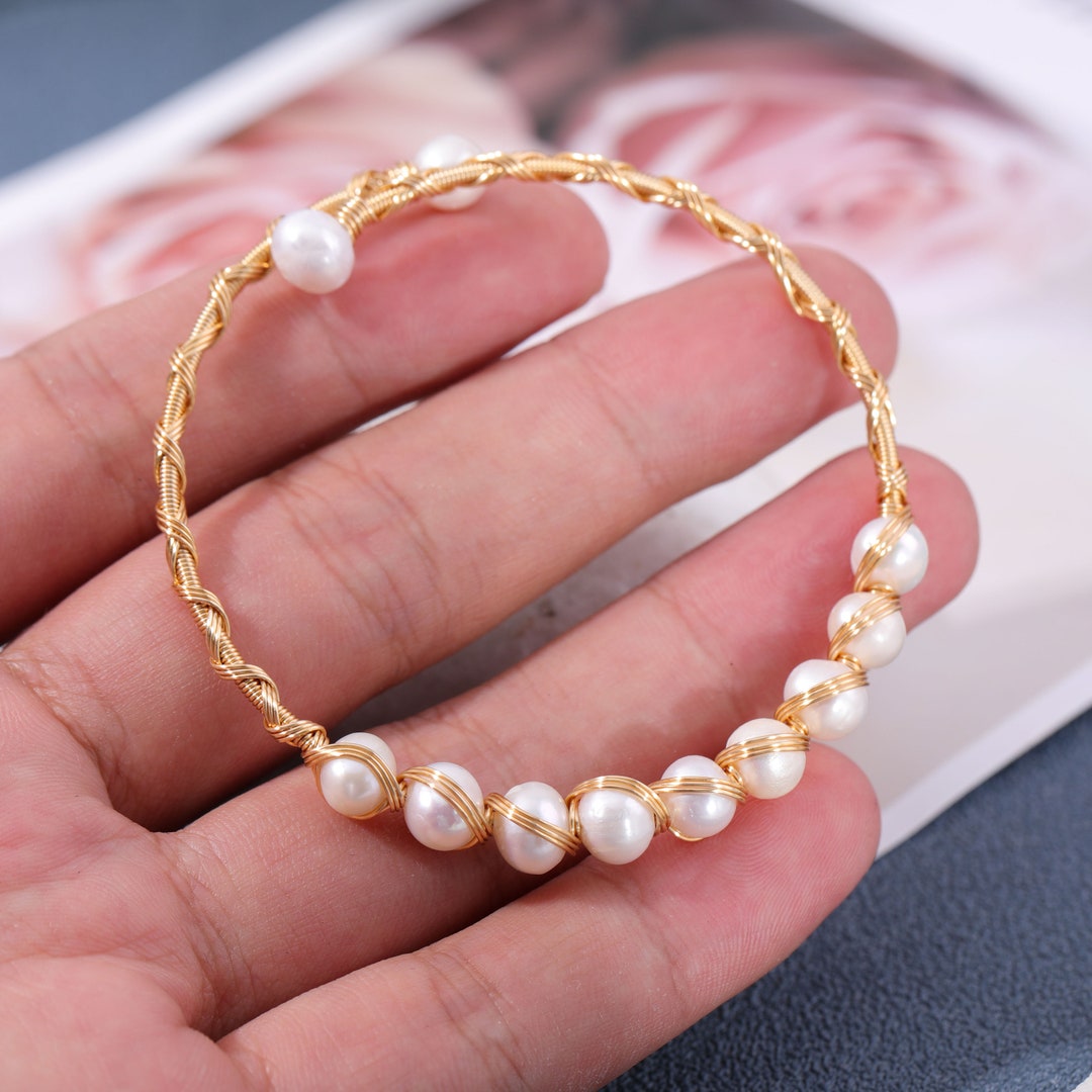 Freshwater Small 6mm Pearl Bracelet Bangle.14k Gold Wire Wrapped Bangle ...