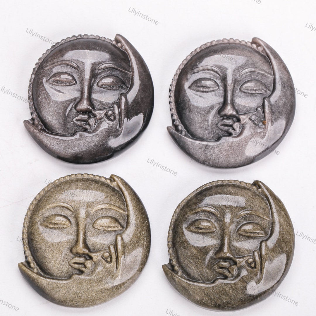 Natural Obsidian Sun and Moon Figurine, Silver Obsidian Sun Decor ...