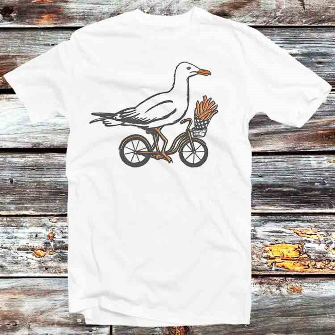 Seagull on Bike Bird Fries Cycle Parody T Shirt Vintage Retro Cool Gift ...