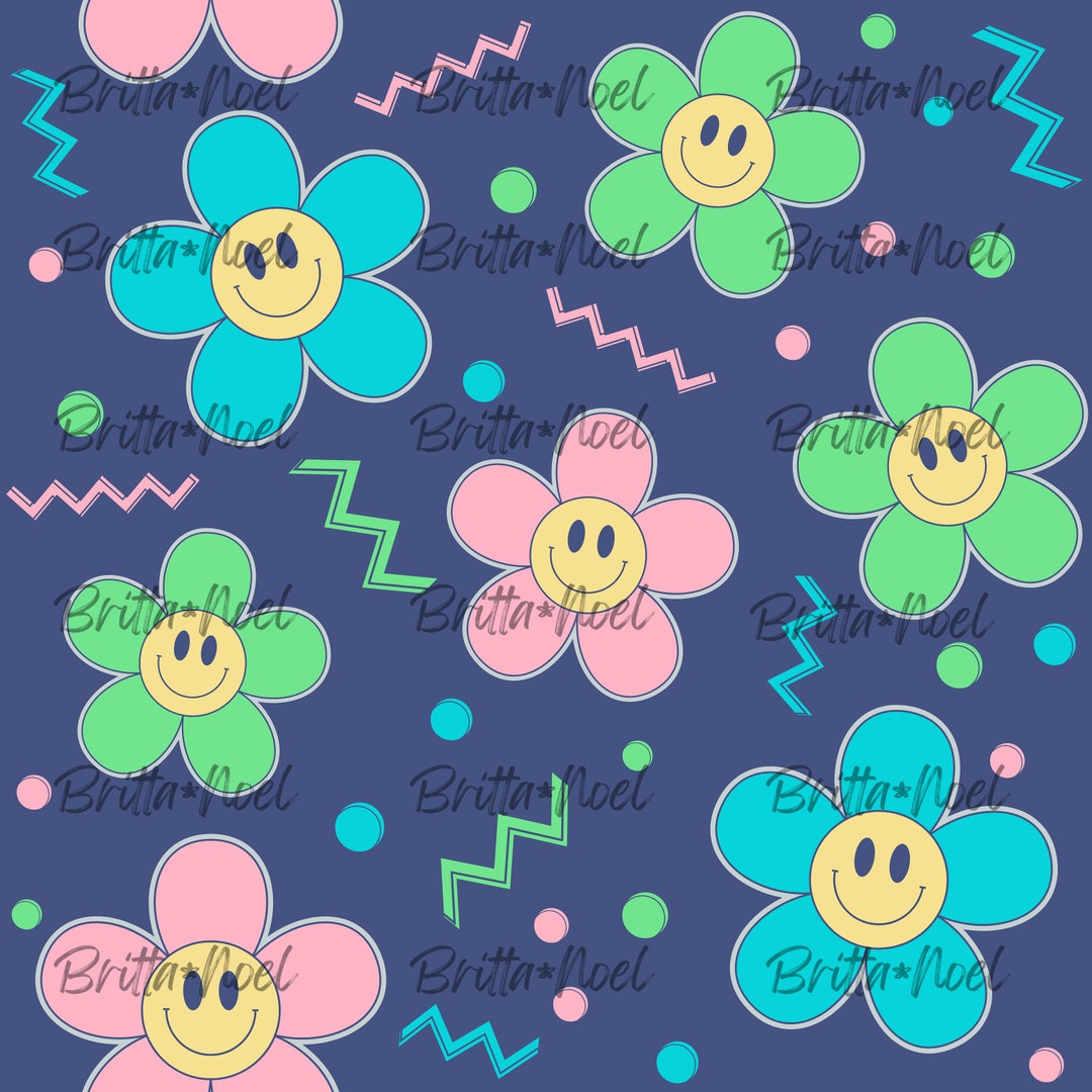 Retro Smiling Flower Seamless Pattern, Neon Seamless Pattern, Daisy ...