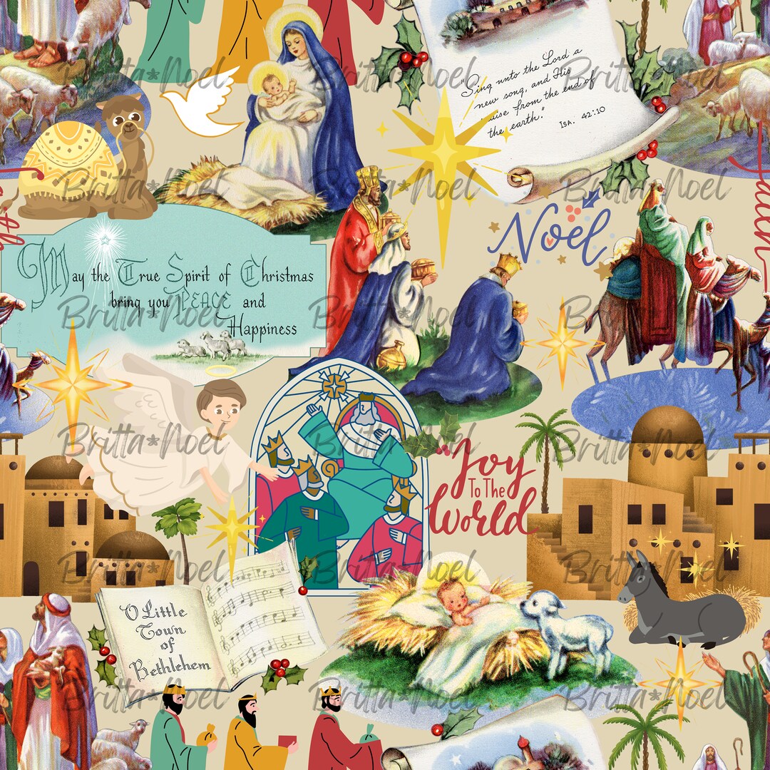 Vintage Retro Nativity Seamless Pattern for Christmas, Vintage ...