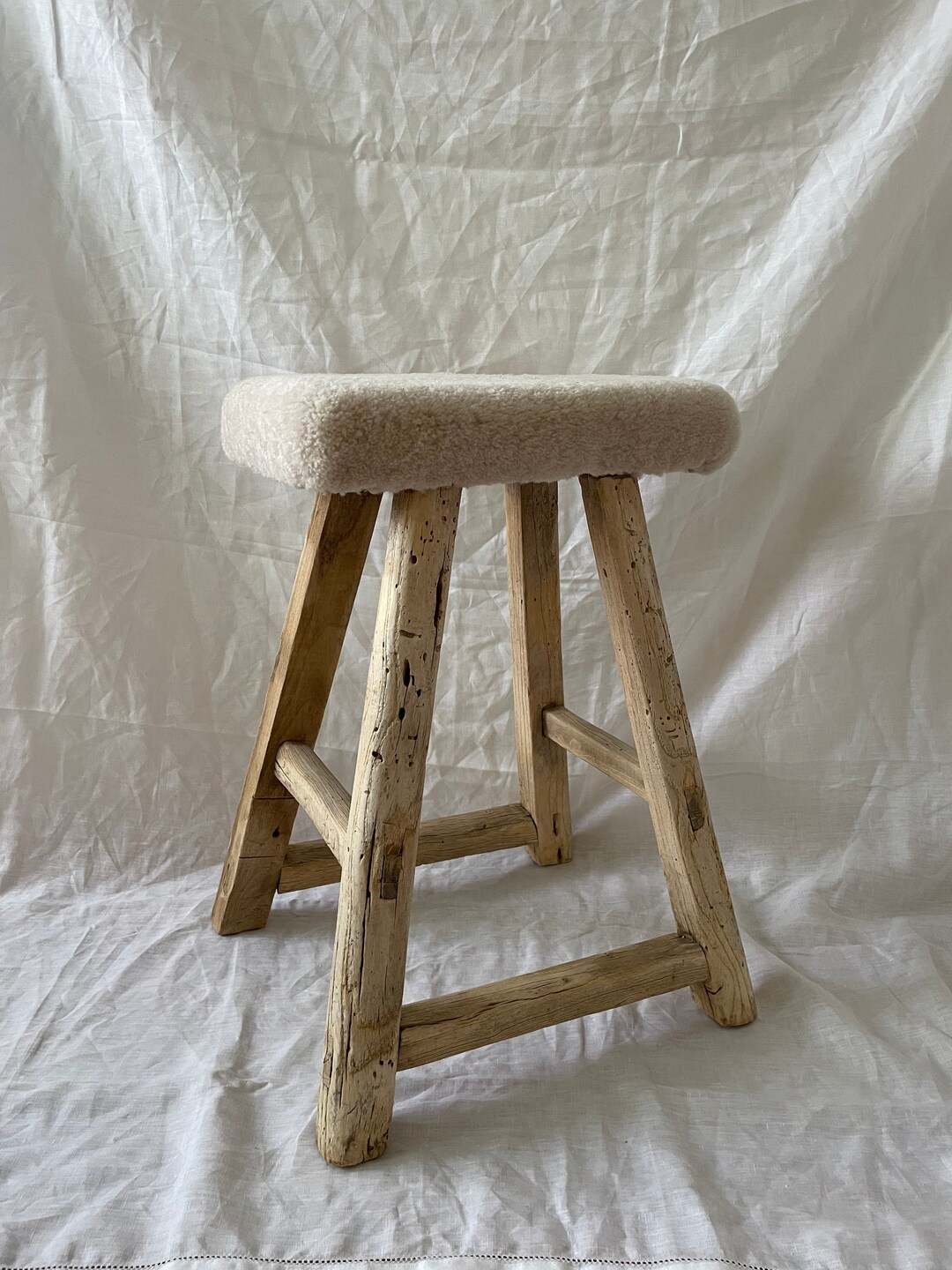 Vintage Elm and Shearling Stool - Etsy